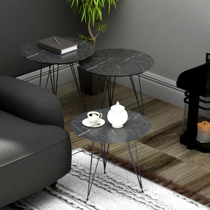 Mesas De Centro Para Sala Set Of 3 Black Marble End Tables Round Wood ...
