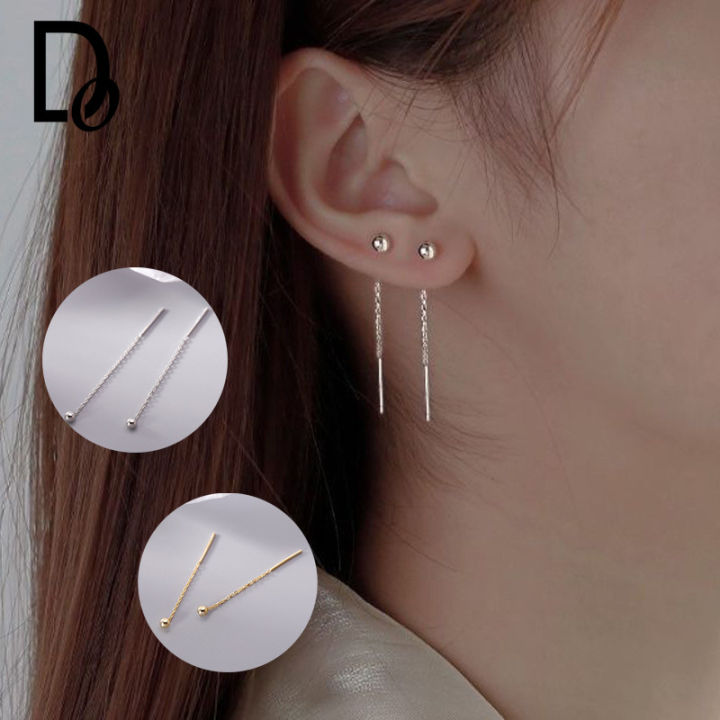 925 Silver Needles Chic Small Bean Round Ball Ear Line Dangle Earrings ...