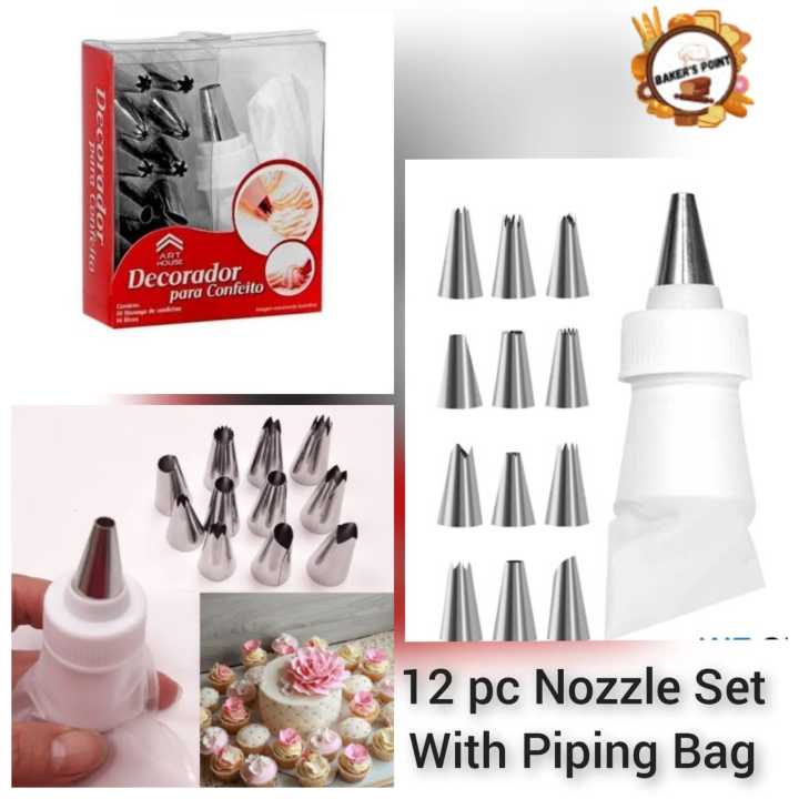 Cake Piping 12 pcs Nozzle, stainless steel nozzle Tools Set silicone ...