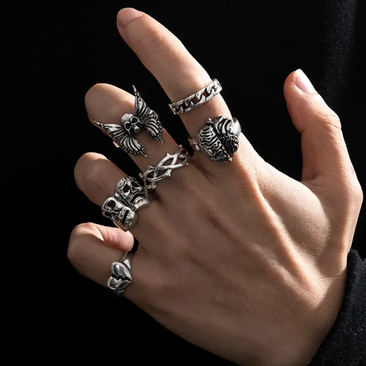 6-Piece Set Goth Punk Rings Unisex Appeal Crafted Hollow Brain Motif ...