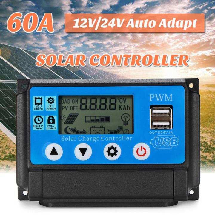 Powerful tool 60A 12V-24V LCD Display PWM Solar Panel Regulator Overload Short Circuit ...