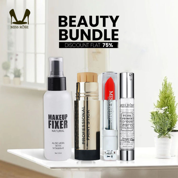 Miss Rose 4 PC Beauty Bundle- Paint Stick) Fixer) Primer) Lip Gloss ...