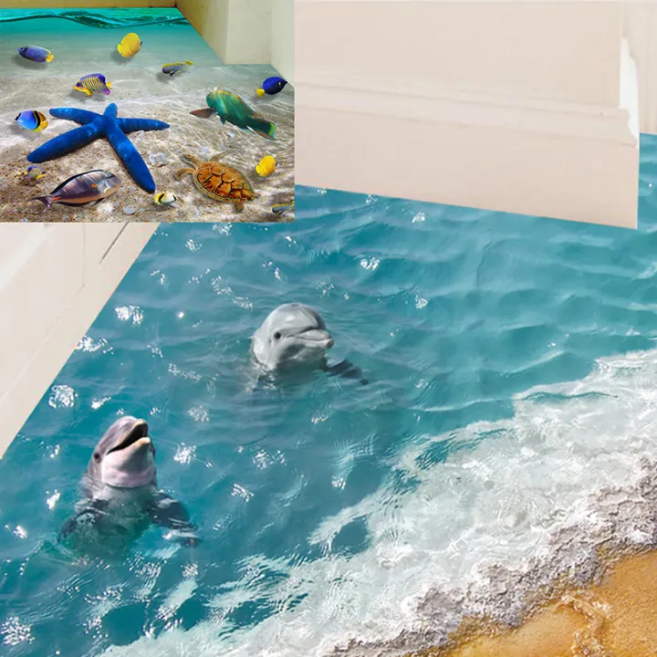 60*90cm cute 3d dolphin floor stickers waterproof bathroom starfish ...