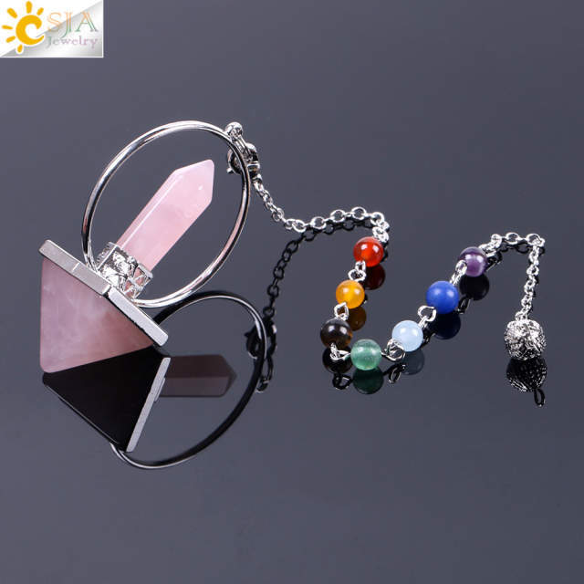 CSJA Reiki Healing 7 Chakra Pendulums for Dowsing Natural Stone Hexagonal Prism Pyramid White ...