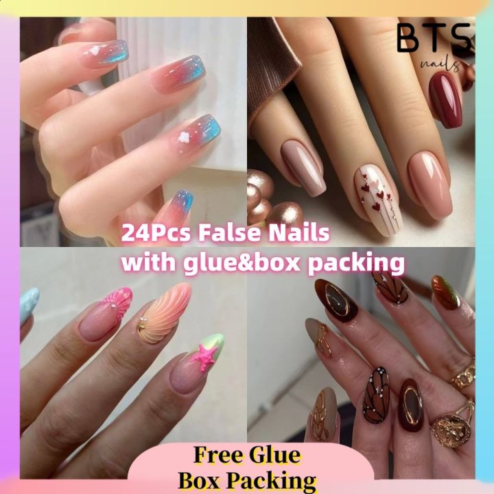 BTS【WITH GLUE】24Pcs Fake Nails DIY Art Design False Nails Wearable ...