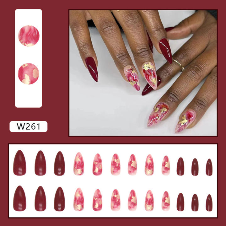 W261 Chinese-Style Fake Nails 24PCS Wine Red Gradient Gold Foil Press ...