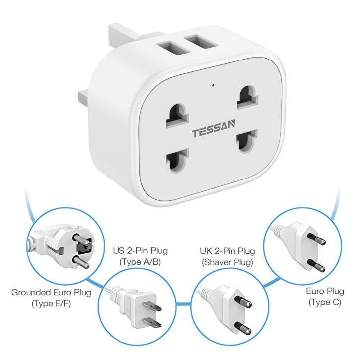 TESSAN Power Socket Double Shaver Plug Adaptor UK With 2 USB, 2 Pin to ...