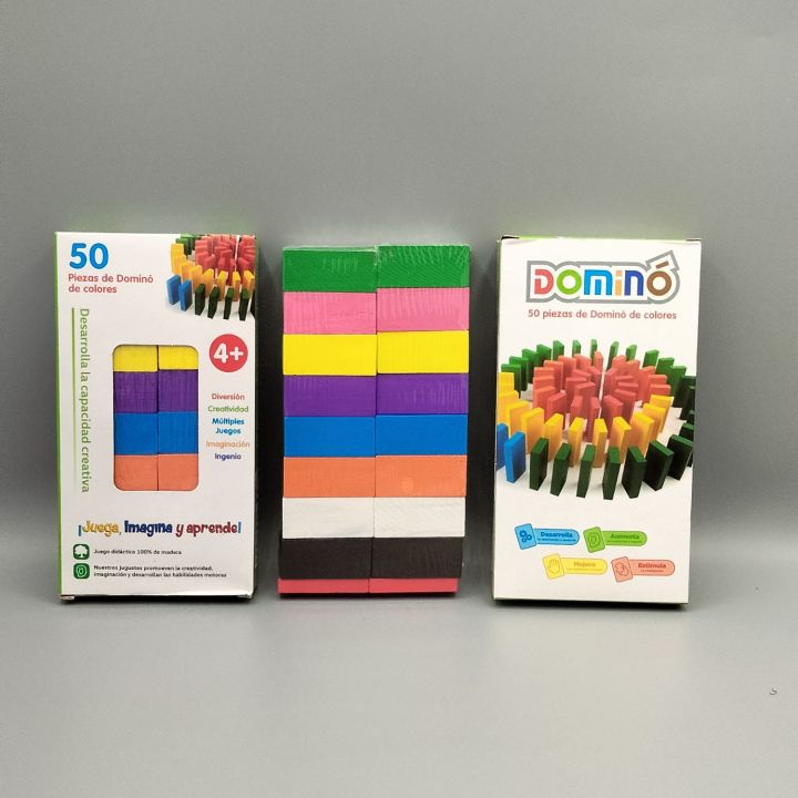 50 Pieces Wooden Domino Set Multicolor blocks - Building Toppling ...