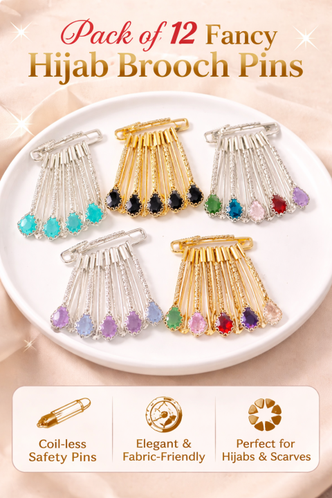 Pack of 12 Fancy Hijab Brooch Pins | Coil-less Safety Pin Style Scarf ...