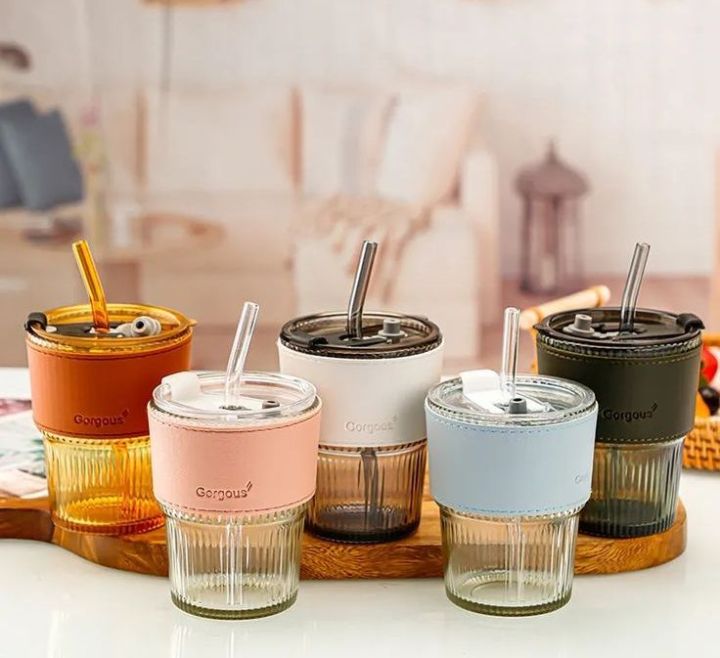 Glass Tumbler with Straw, Lid & Leather Sleeve, Masson Jars Slub Glass ...