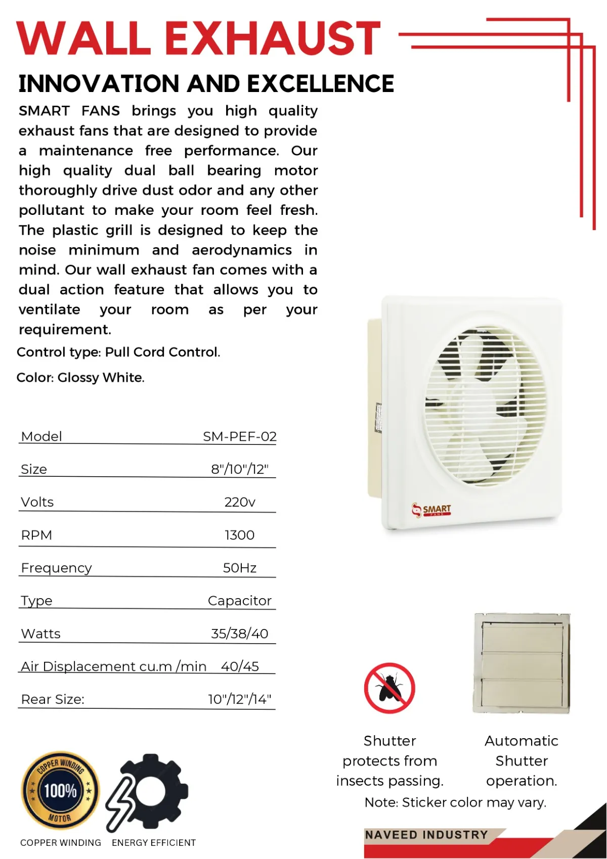 Smart Fans 08" Wall Exhaust Fan Dual Action (Reversible) Built-in ...