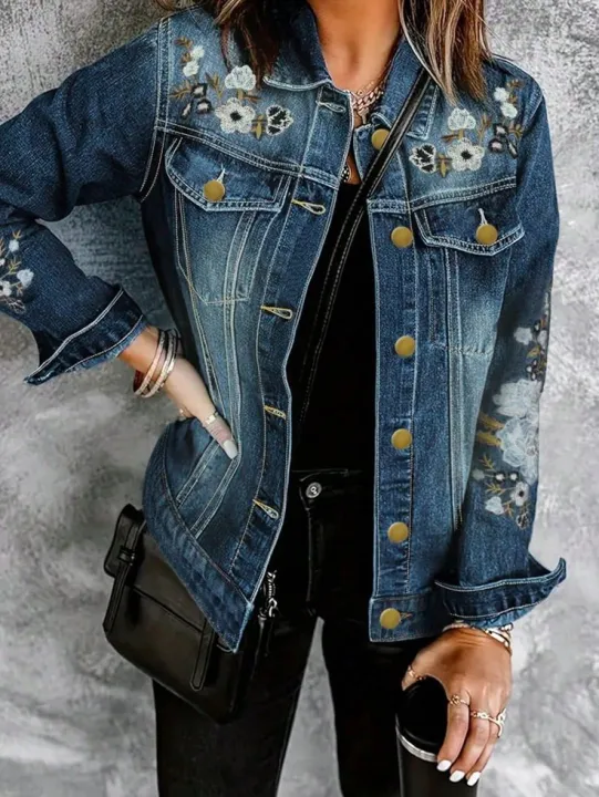 Trendy Women’s Winter Denim Jacket – Artistic Prints & Heavy Front ...