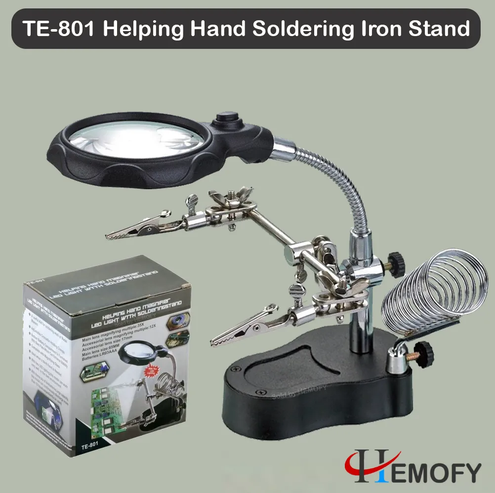 TE-801 Helping Hand Soldering Stand 4x 12x magnifying glass with 2 LED ...