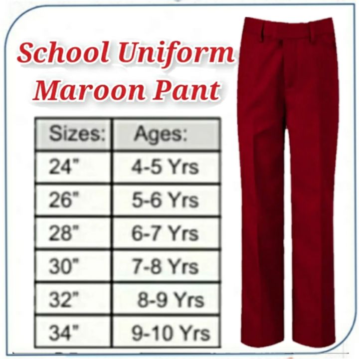 School Uniform Maroon Pant / Size 24-34 / Half Elastic Maroon School ...