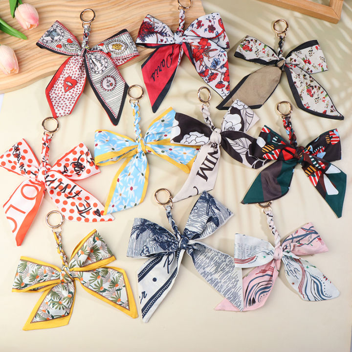 Elegant Ribbon Bowknot Keychain Korean Soft Silk Scarf Keyring Car Key ...