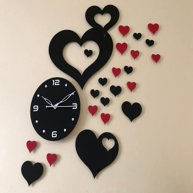 Heart Dil Dil Wooden Wall Clock Style Red and Black Heart Style Laser ...
