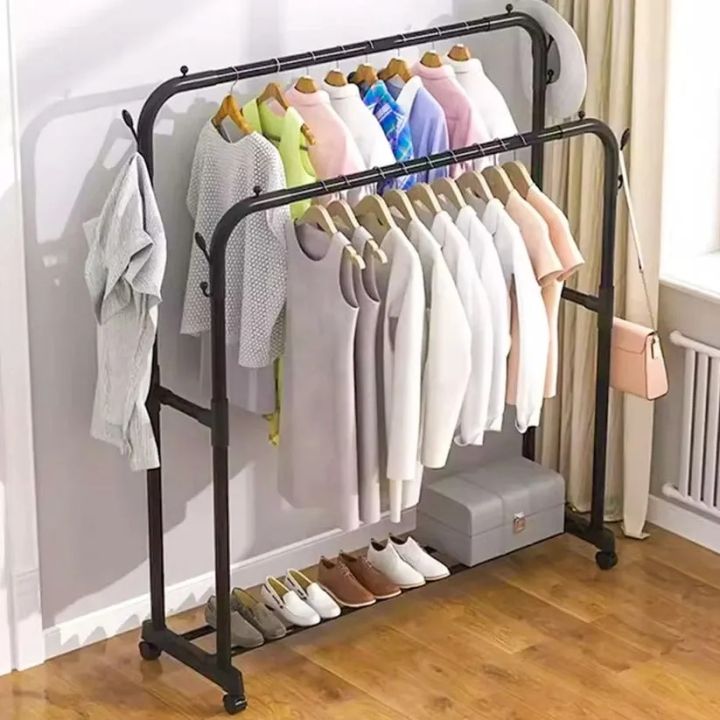 Metal Double Pole Clothing Rack with Wheels - Cloth Hanging Stand with ...