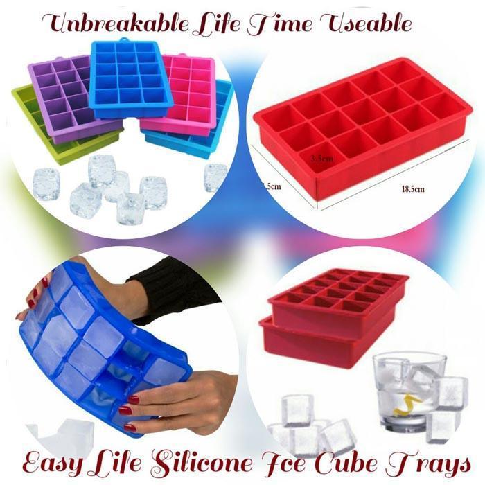 Pack of 2 - Easy Push Pop out Square Silicon Ice Cubes Tray 15 Cubes ...