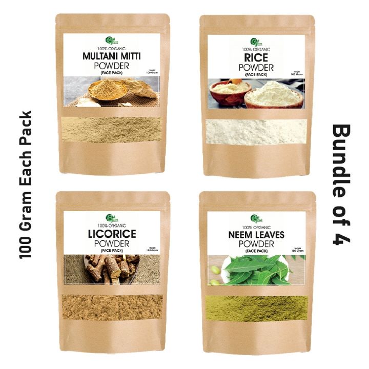 Pack of 4 Multani Mitti + Rice Powder + Mulethi Licorice Powder + Neem ...