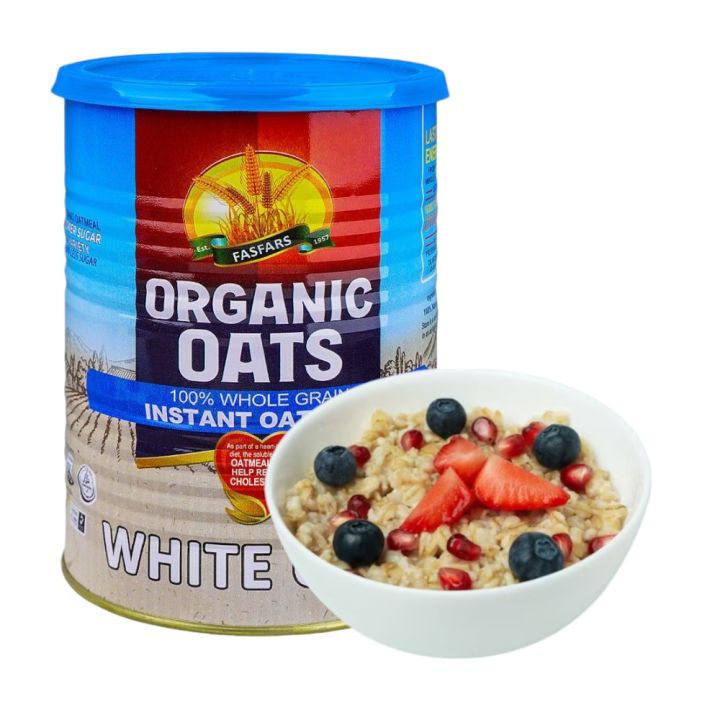 Fasfars Organic White Oats, Low Sugar, 400g Tin Oatmeal 100% Organic and Natural Organic Rolled ...