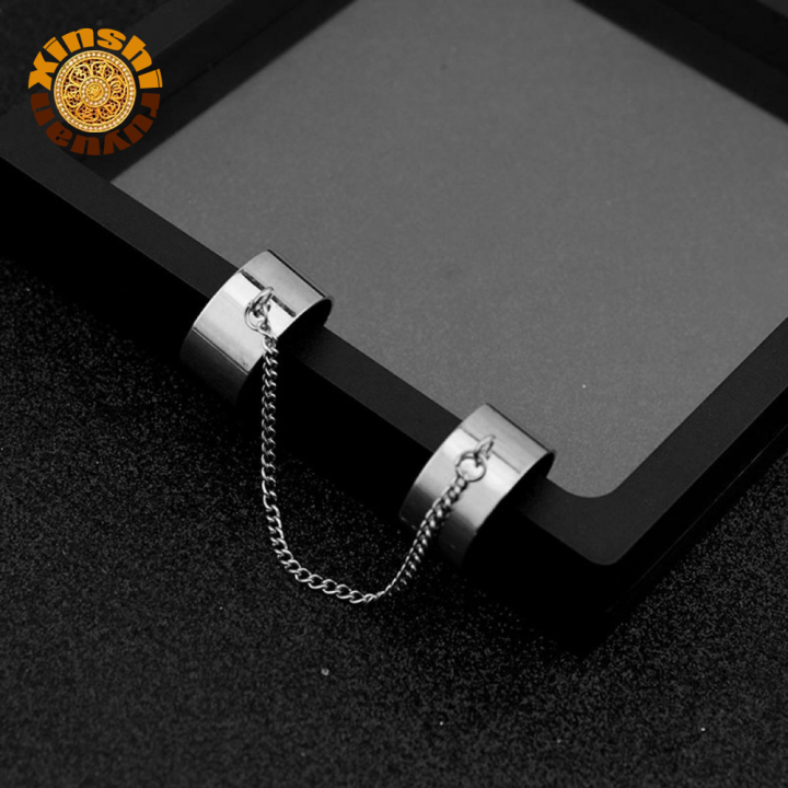 N JZ Glossy open stainless steel ring personality chain double ring ...