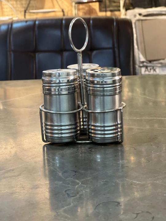 Salt & Pepper Shaker Stainless Steel Pots Jar Namak Dani 3pce set with ...