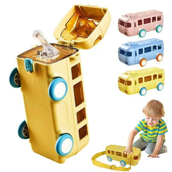 Cute Bus Shaped Water Bottle For Kids With Straw 500ML Bus Shape Toy ...