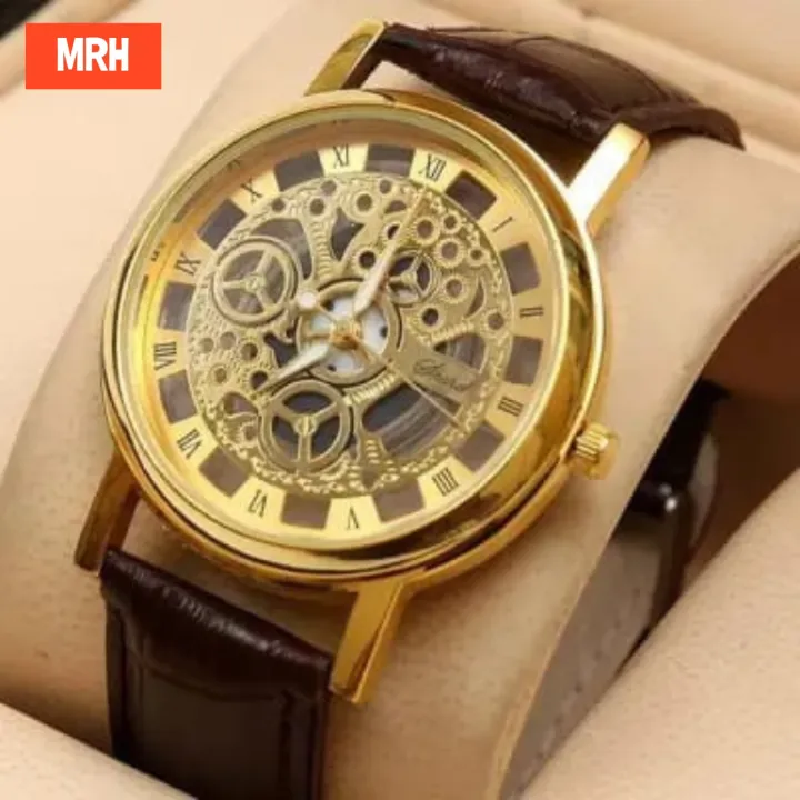 Brown Leather Skeleton Watches for Men-TW002 | Black Leather Skeleton ...
