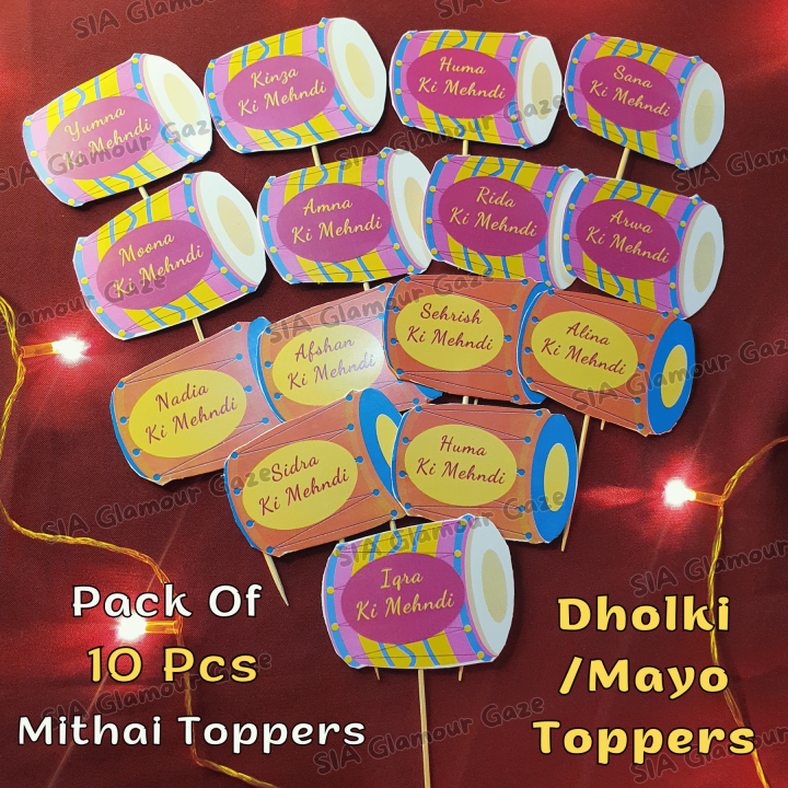 CUSTOMIZED Dholki/Mayo/Mehndi Mithai Cupcake Toppers Pack of 10, Dholki ...