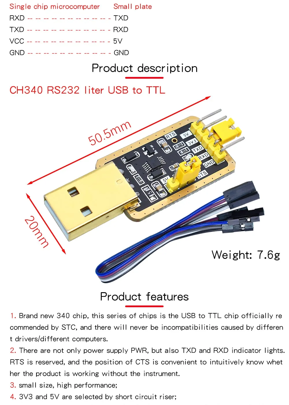 CH340 module USB to TTL CH340G upgrade download a small wire brush plate STC microcontroller ...