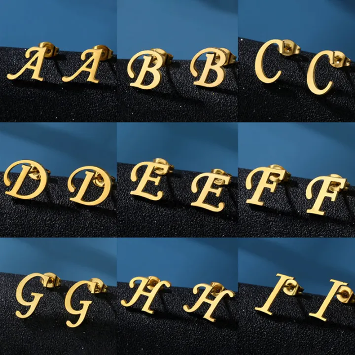 1Pair Stainless Steel Lucky A-Z 26 Alphabet Letter Earring Stud Jewelry ...