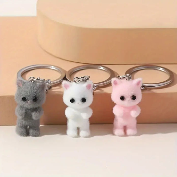1PCS 3D Cartoon Flocking Cat Keychain Kawaii Cat Key Ring Key Chains ...