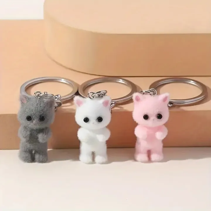1PCS 3D Cartoon Flocking Cat Keychain Kawaii Cat Key Ring Key Chains ...