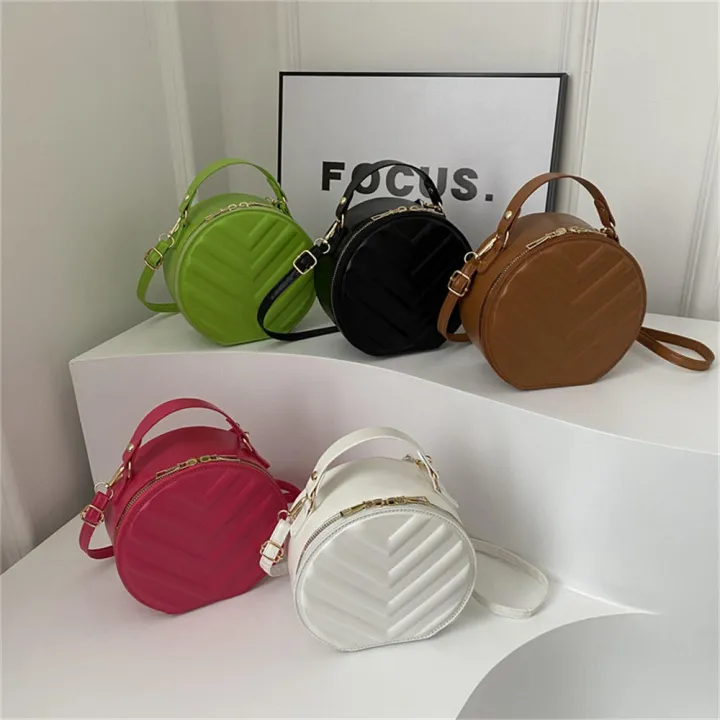 Zippered Crossbody Bag Fashion Small Round Handbag Solid Color Designer ...