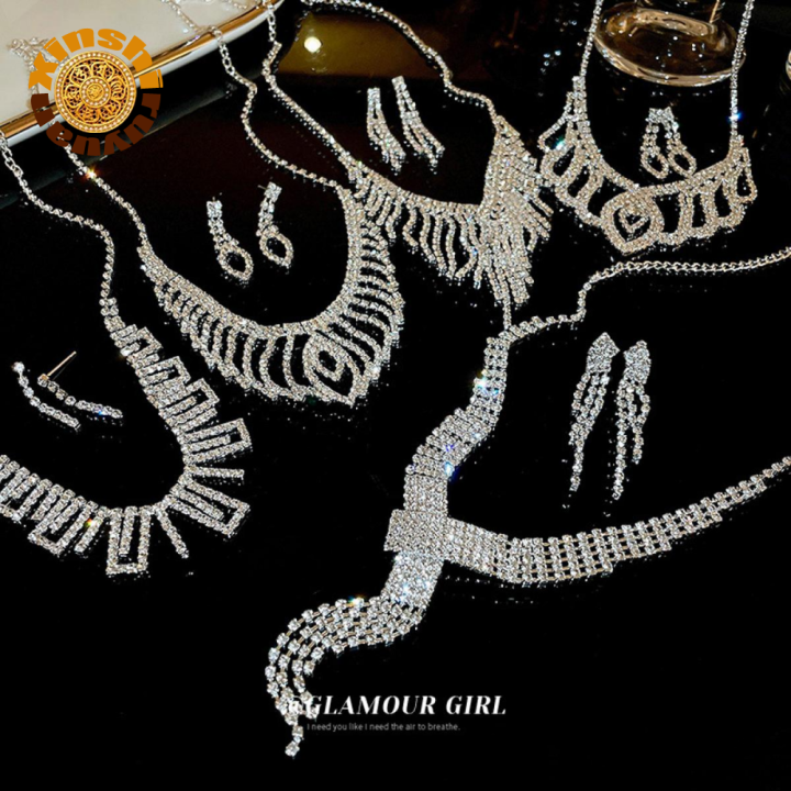 XL Korean Diamond Tassel Necklace Ear Stud 2-Piece Set Light Luxury ...