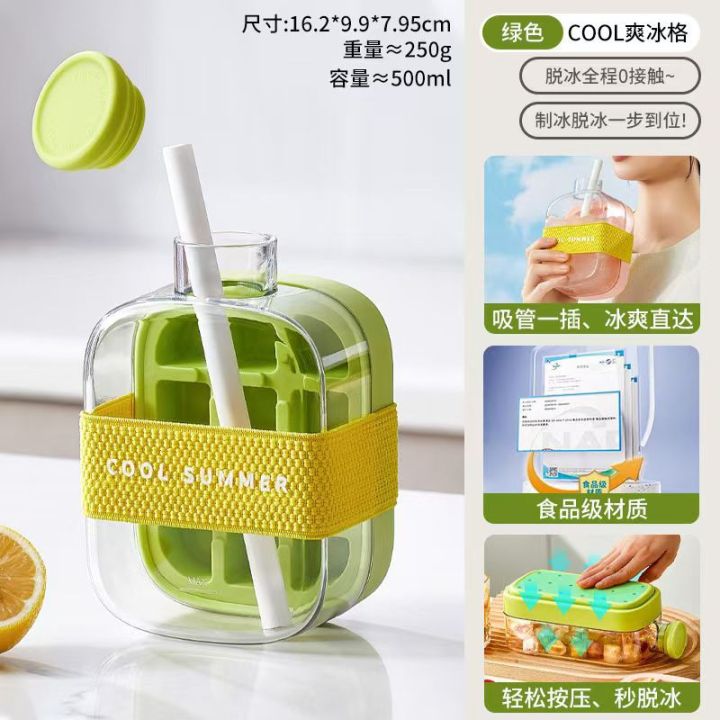 Cool Summer Ice Cube Water Bottle with Built-In Straw – 2-in-1 Ice Tray ...