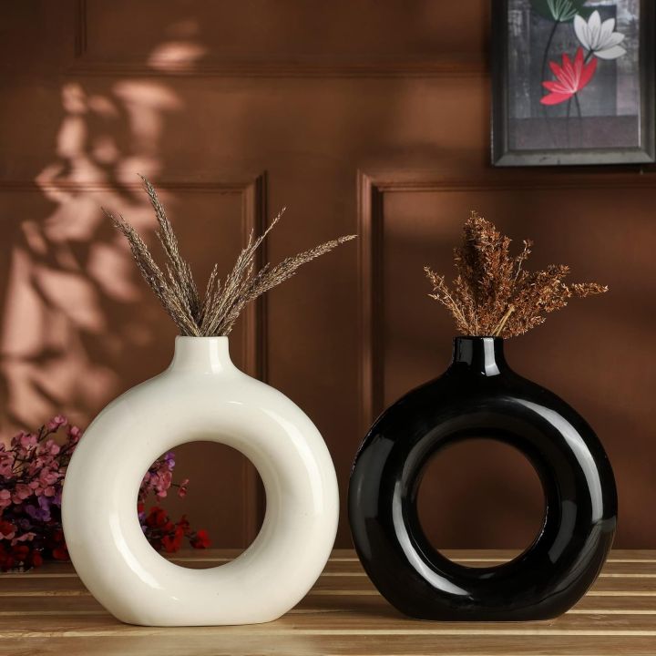 Pure Ceramic Donut White Vase, Original Glazed Ceramic Pot in Yellow ...