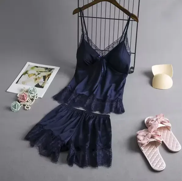Basic Lingerie Satin Camisole with Shorts Set Summer Special Silk Lace ...