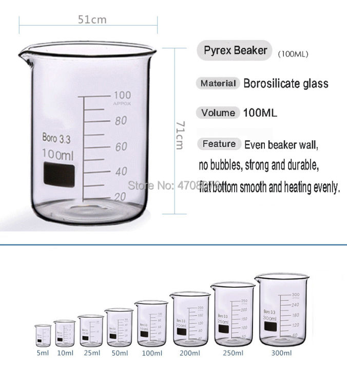 Glass Beaker 25ml/ 50ml / 100ml / 250ml/ 500ml/ 1000ml Borosilicate ...