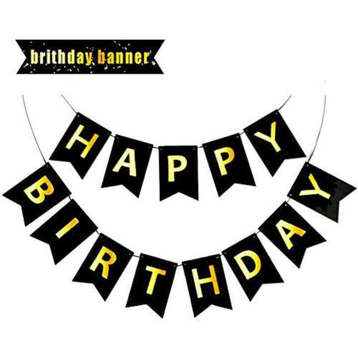 Black Gold Birthday Banner, Pre-Strung Glitter Bday Party Sign, Sparkle ...