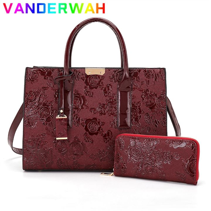 2 Pcs/sets Women Handbags Rose Patent Print Luxury Designer Shoulder ...