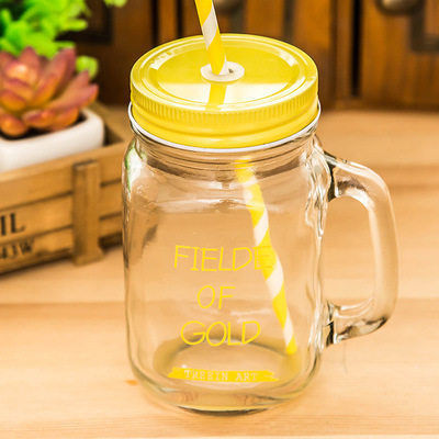 Multicolor Heat-Resistant Glass Mason Jar Mugs with Lid & Straw, 480 ml | Daraz.pk