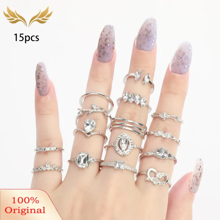 1 Set Rings Bohemian Women Heart Rhinestone Stackable Finger Ring ...