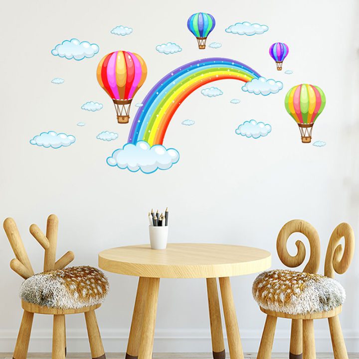 Cartoon Rainbow Cloud Hot Air Balloon Wall Sticker baby rooms Mural Art ...