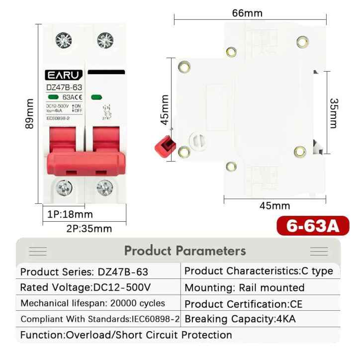 2P DC MCB 12V 24V 48V Circuit Breaker Battery Car Protector DZ47 DC ...