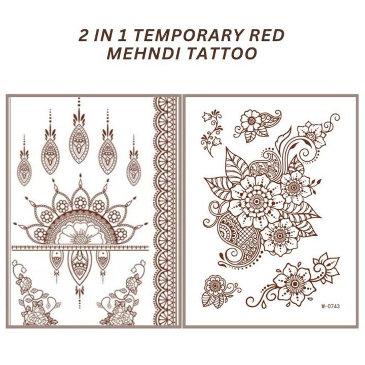 2 in 1 Red Brown Waterproof Temporary Henna Tattoo Stickers - Mehndi ...