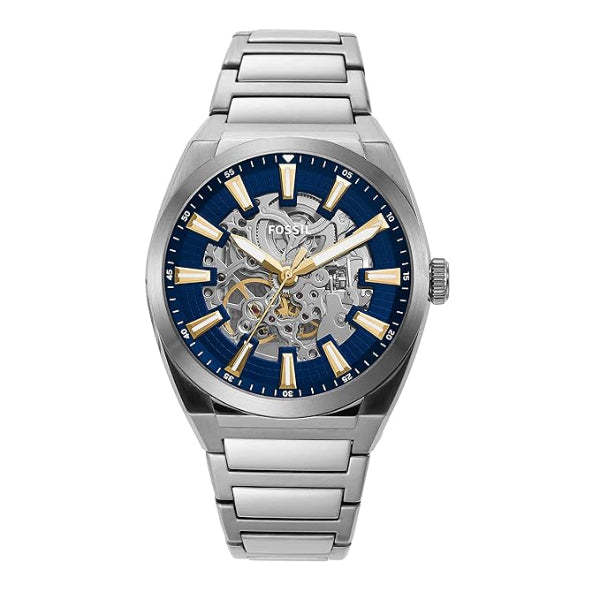 Fossil Everett Silver Stainless Steel Blue Dial Automatic Watch for ...