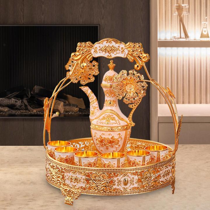 JON Turkish Coffee Set with Pot Tray and 6 Cups Water Serving Set Tea ...