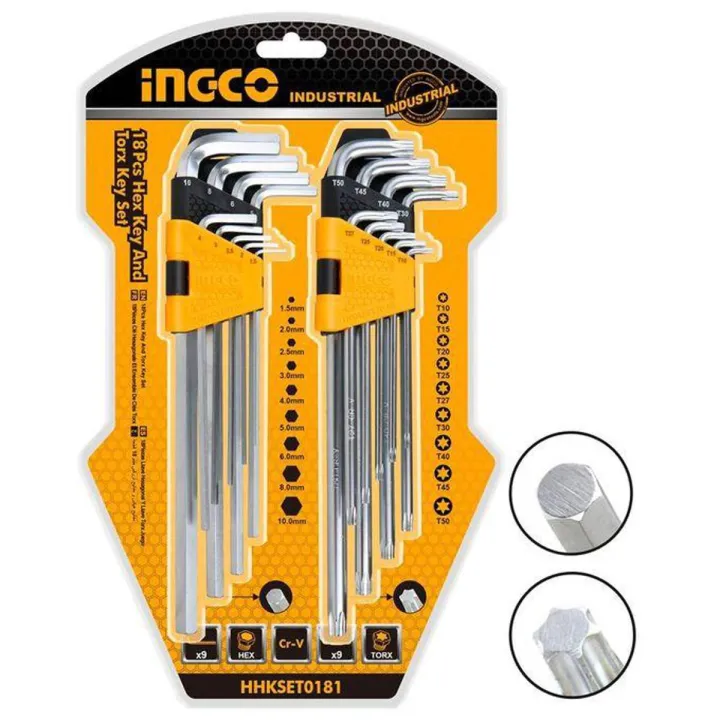 Ingco 18pcs Hex Key(1.5-10mm) & Torx Key(T10-T50) set | Daraz.pk
