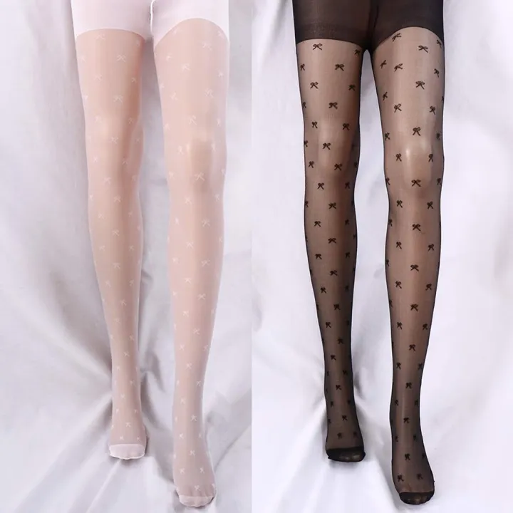 White Black Women Girls Tights Thin Pantyhose Bow Stockings Transparent ...